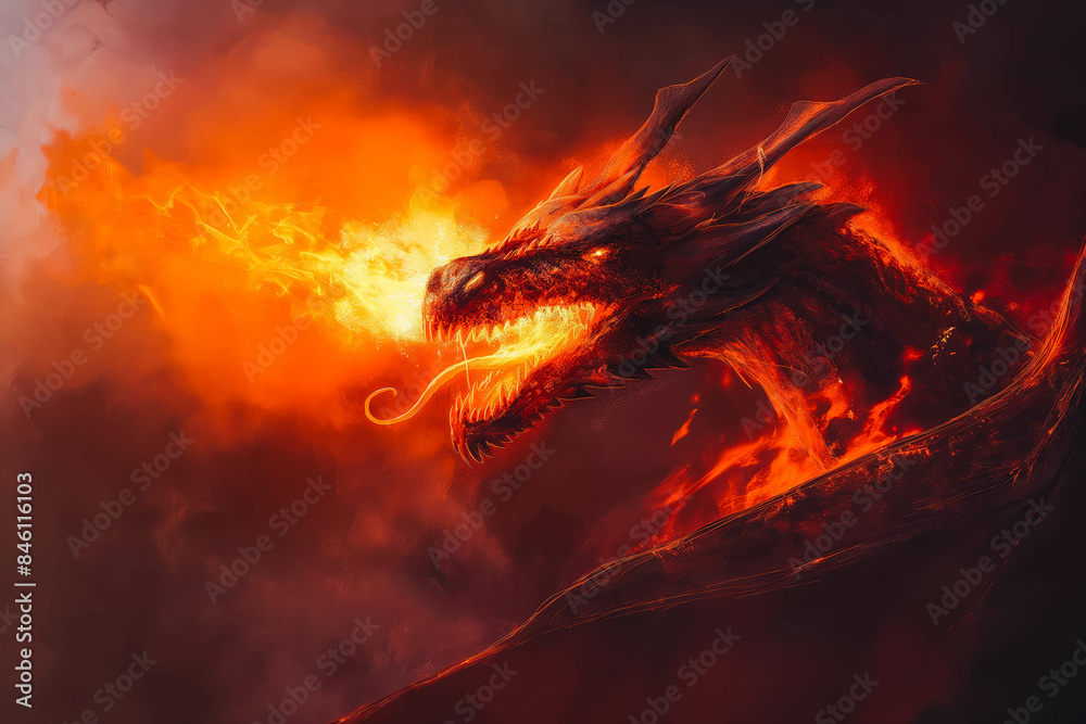 Red dragon breathing fire. Mythology creature. Dark fantasy ...