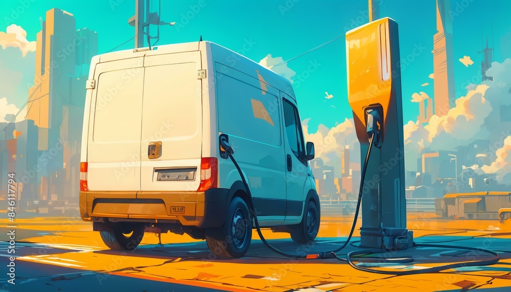 Image of an electric delivery van charging at a curbside charging ...
