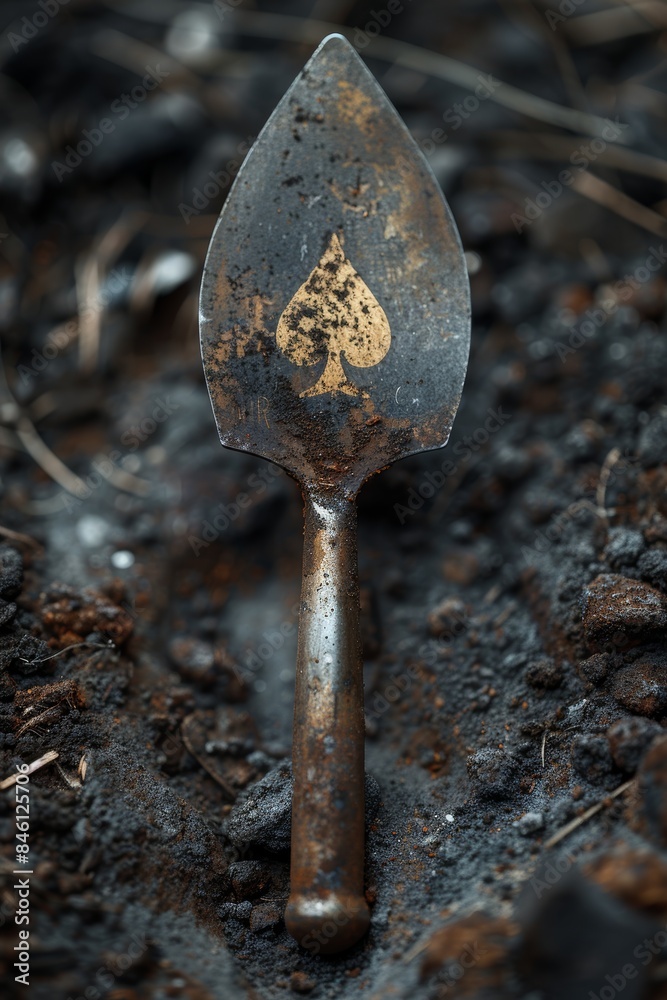 Detailed close-up image of a shovel head worn with rust and dirt, lying ...
