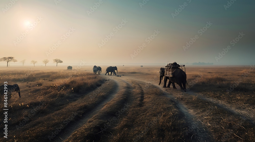 Elephants crossing the safari track in Kaziranga National Park A UNESCO ...