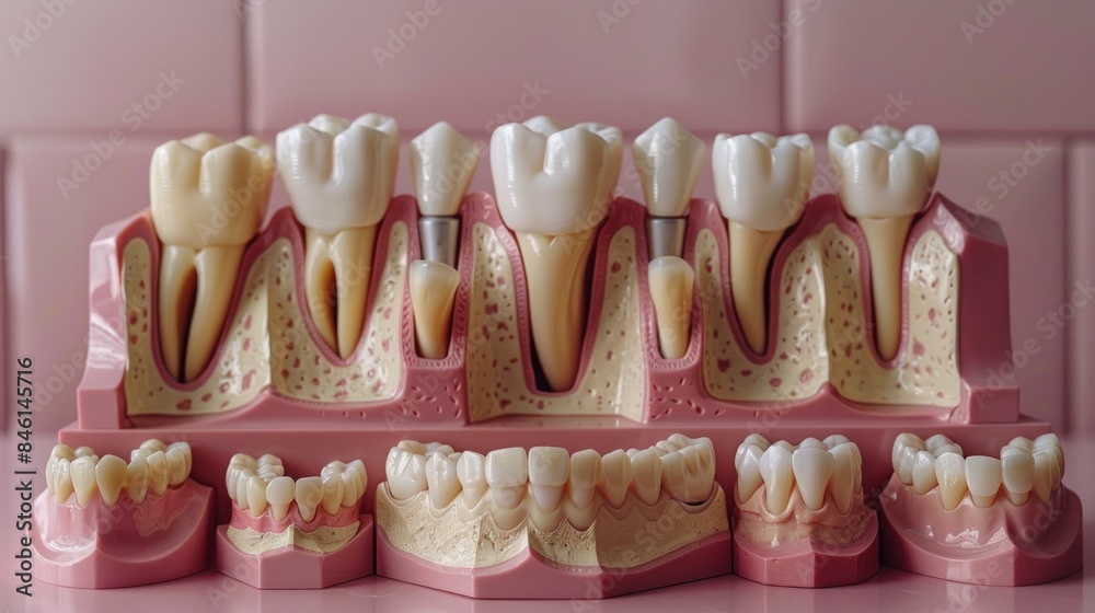 Frame a composition of dental implants arranged artfully, symbolizing ...