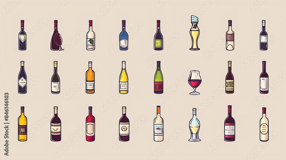 Wine bottle types vector illustrations set Alcohol glasses abstract ...
