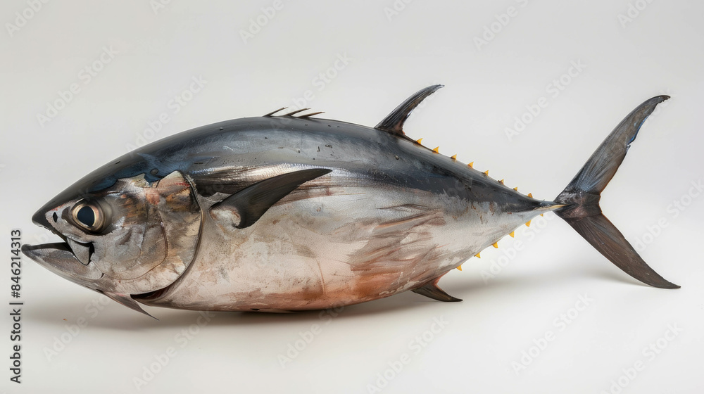 Captivating left-view portrait of a full-body tuna fish against a crisp ...