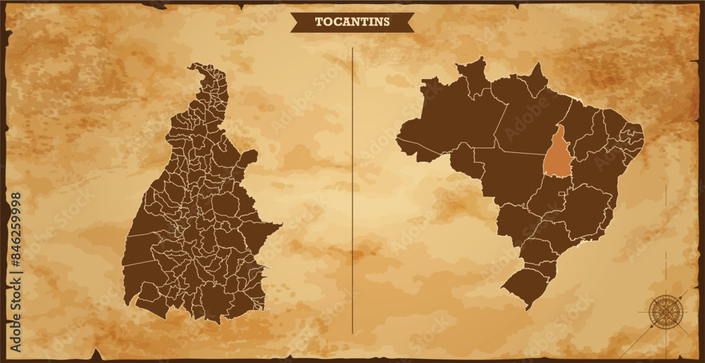 Tocantins state map, Brazil map with federal states in A vintage map ...