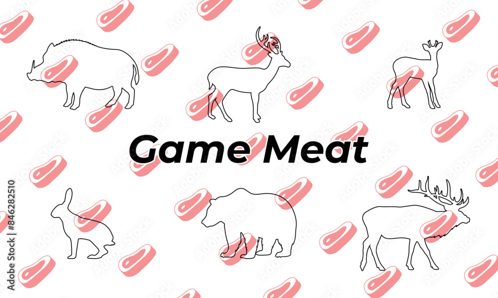 Vector set of animals. Game meat, outline icons. Boar, deer, roe deer ...