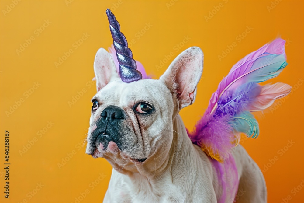 white french bull dog in a unicorn costume, wears fake horn, purple ...