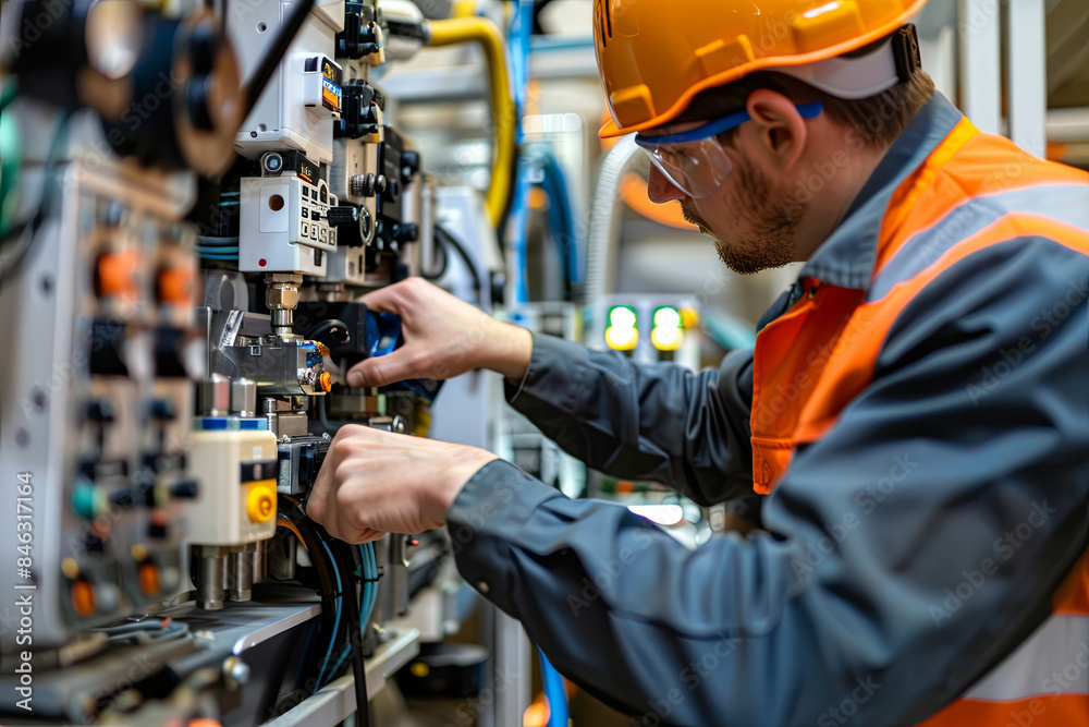 Engineer installing and testing an industrial robot in a manufacturing ...