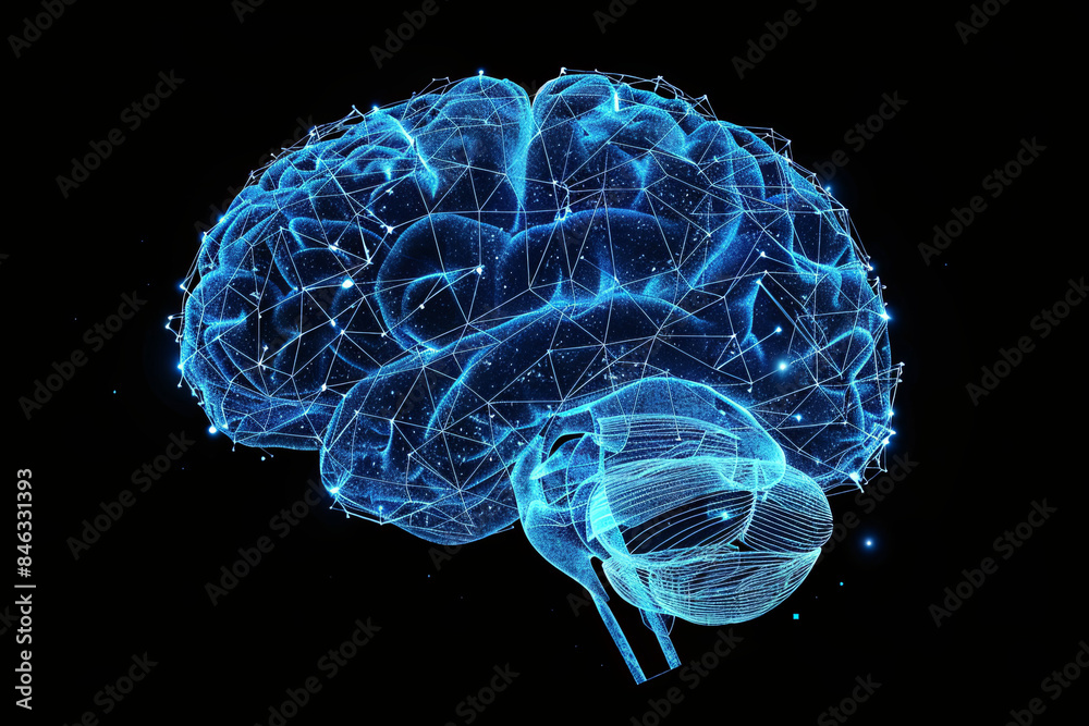 Glowing X-ray image of a human brain represented in a blue wireframe ...