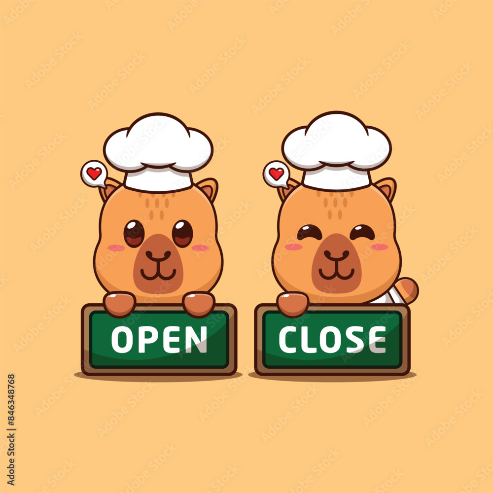 Cute chef capybara with open and close sign board cartoon vector ...