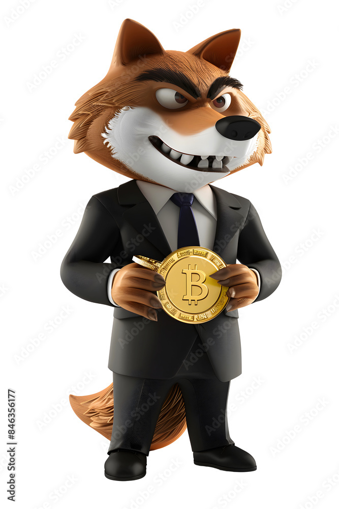3d cartoon wolf wearing suit and tie biting gold coin, transparent ...