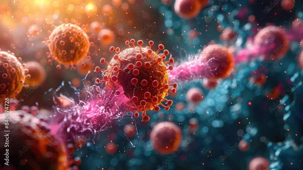 Chemotherapy drug molecules interacting with cancer cells, causing cell ...