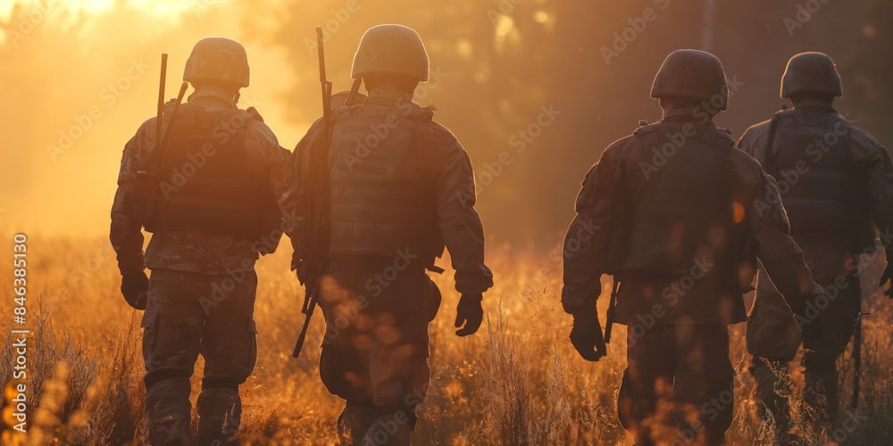 A group of soldiers in full gear walk in line towards the sunset in an ...