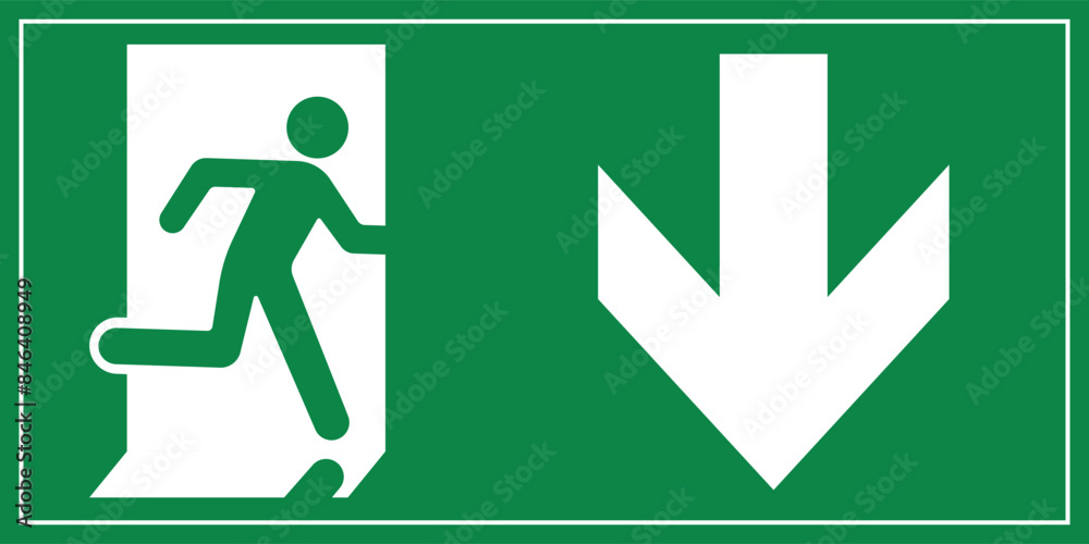 A Man Run to Exit Door Sign with Arrow show direction Down Right ...