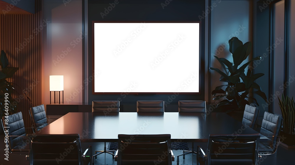 Screen with a white background in a conference room. TV set with place ...