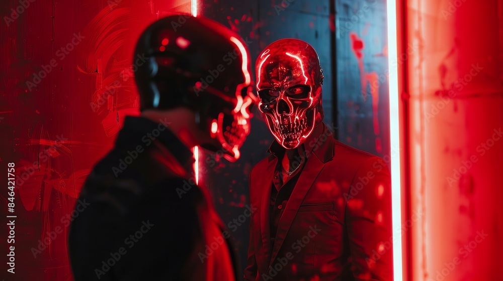 frontman of a rock band with a devil mask watching his demonic ...