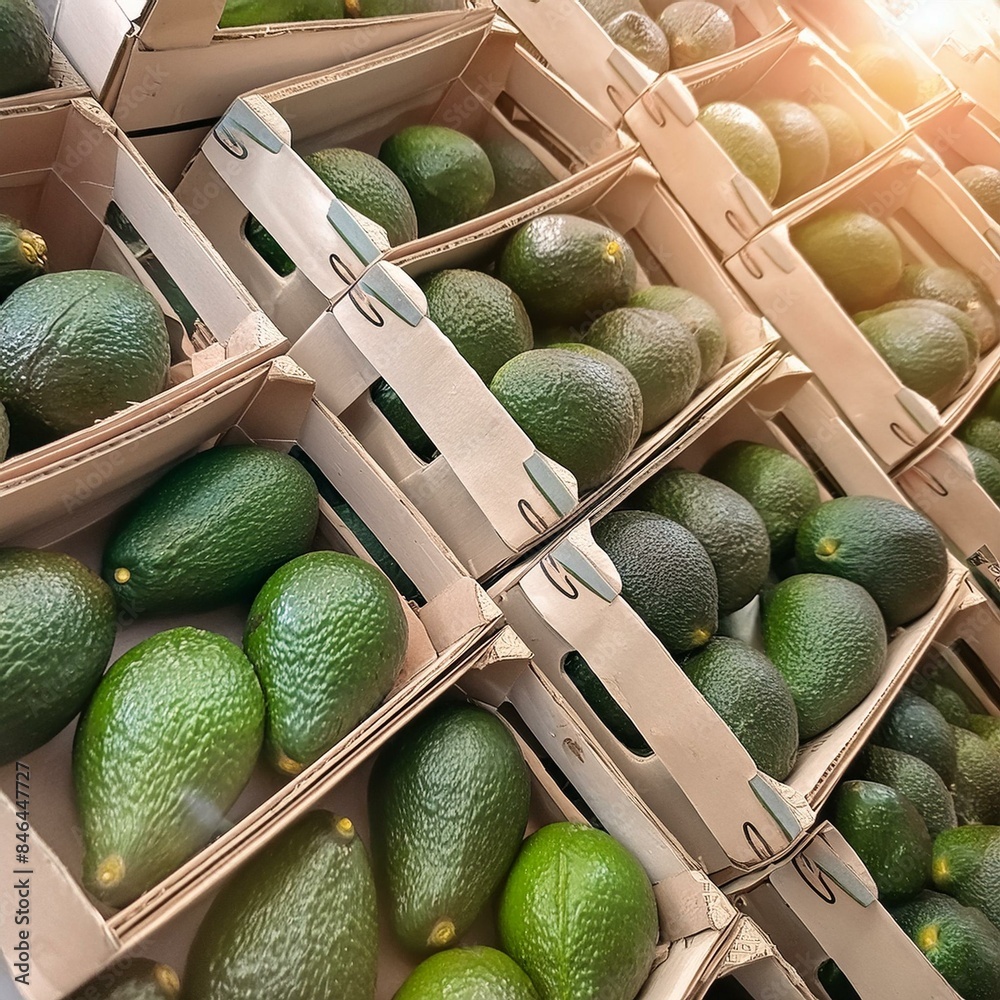Detailed view of crates filled with avocados, each crate labeled and ...