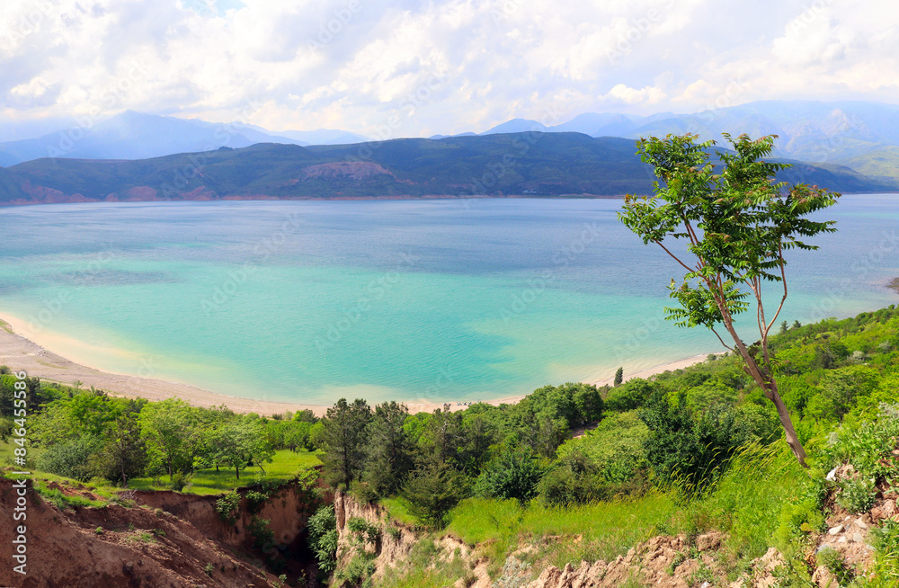 Aerial view of the Charvak reservoir, Tashkent region, Uzbekistan ...