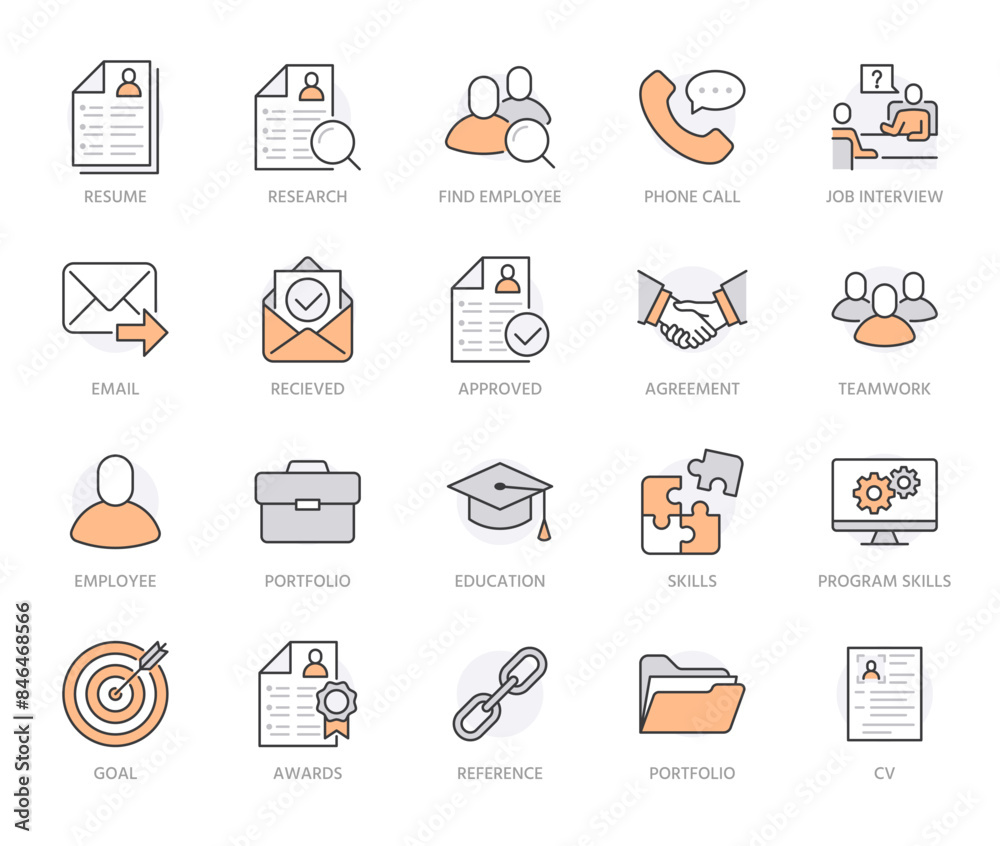 Resume flat line icons set. Hr human resources, job application ...