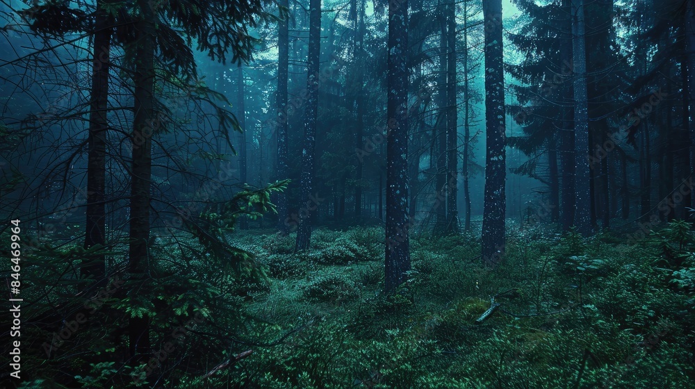 Moody forest at twilight with eerie glow Stock Photo | Adobe Stock