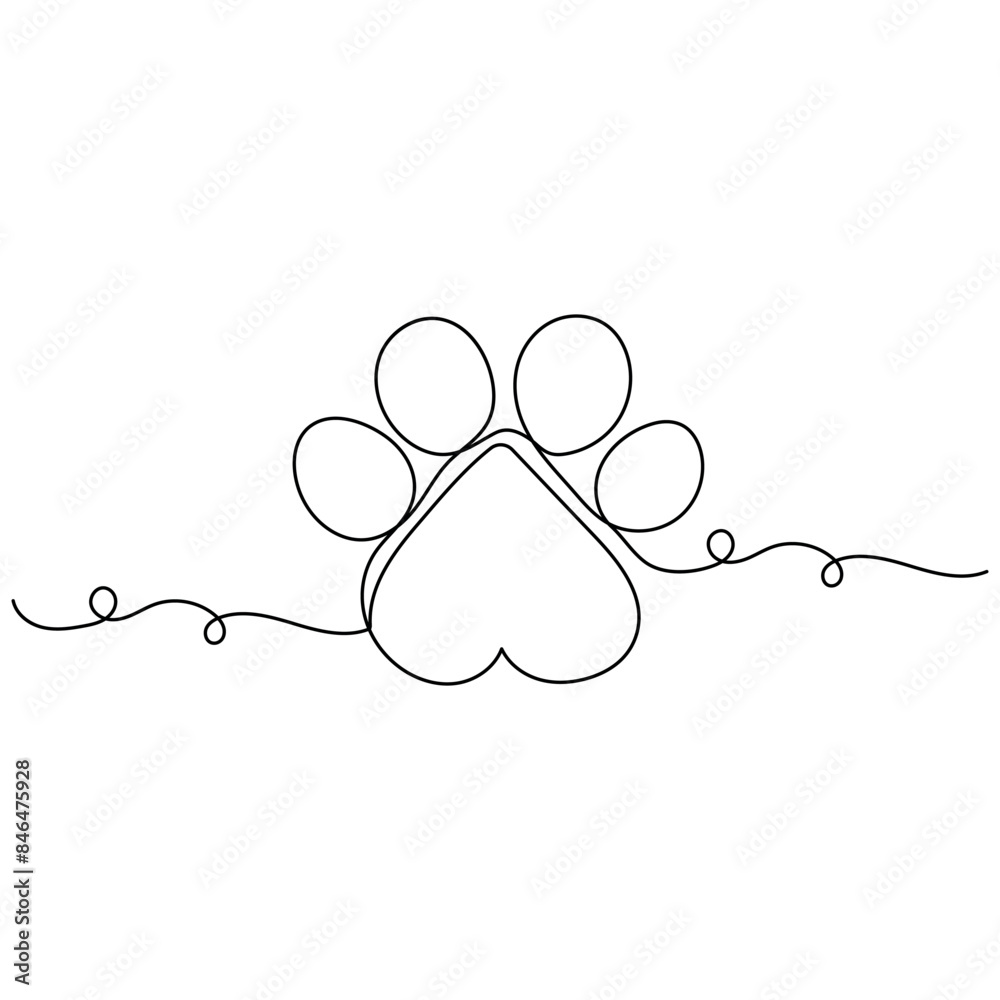 Dog paw single line art, continuous one line drawing of Isolated ...