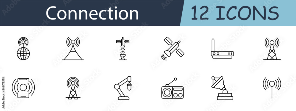 Connection set icon. Includes symbols for satellite, radio, and signal ...