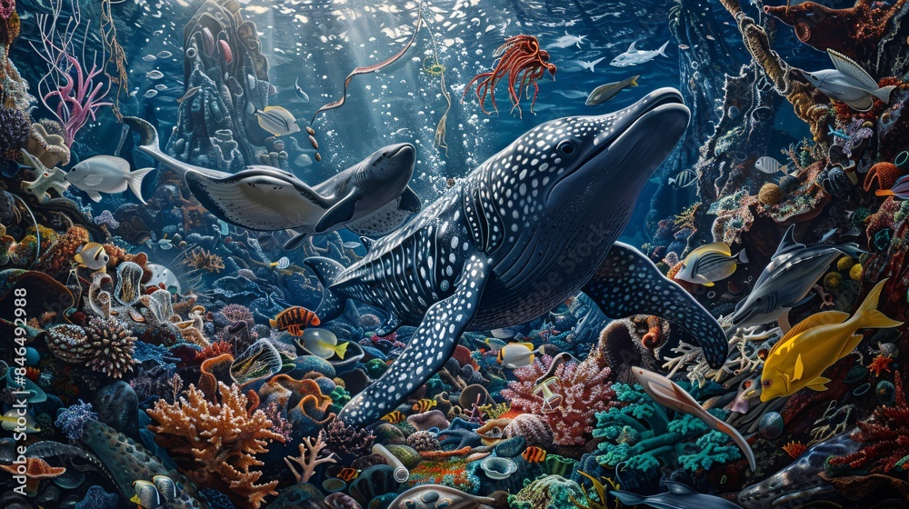 An emotive scene depicting a family of marine creatures navigating ...