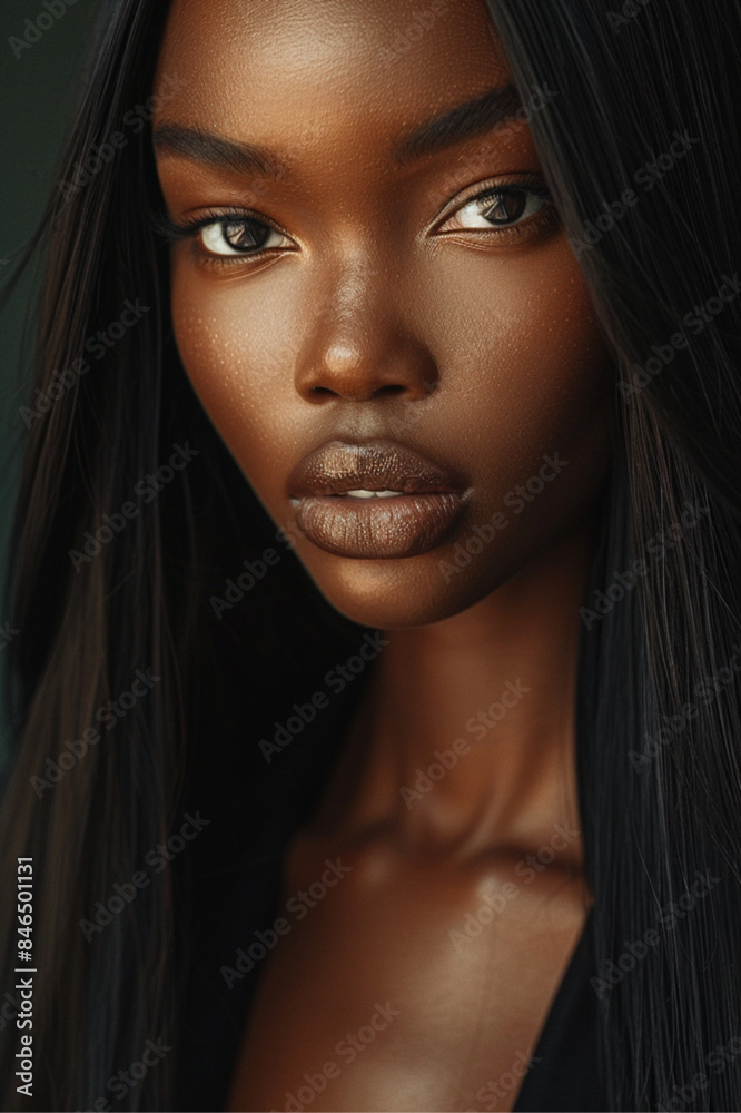 young woman, 24 years old, black skin, long sleek black hair, full hair ...