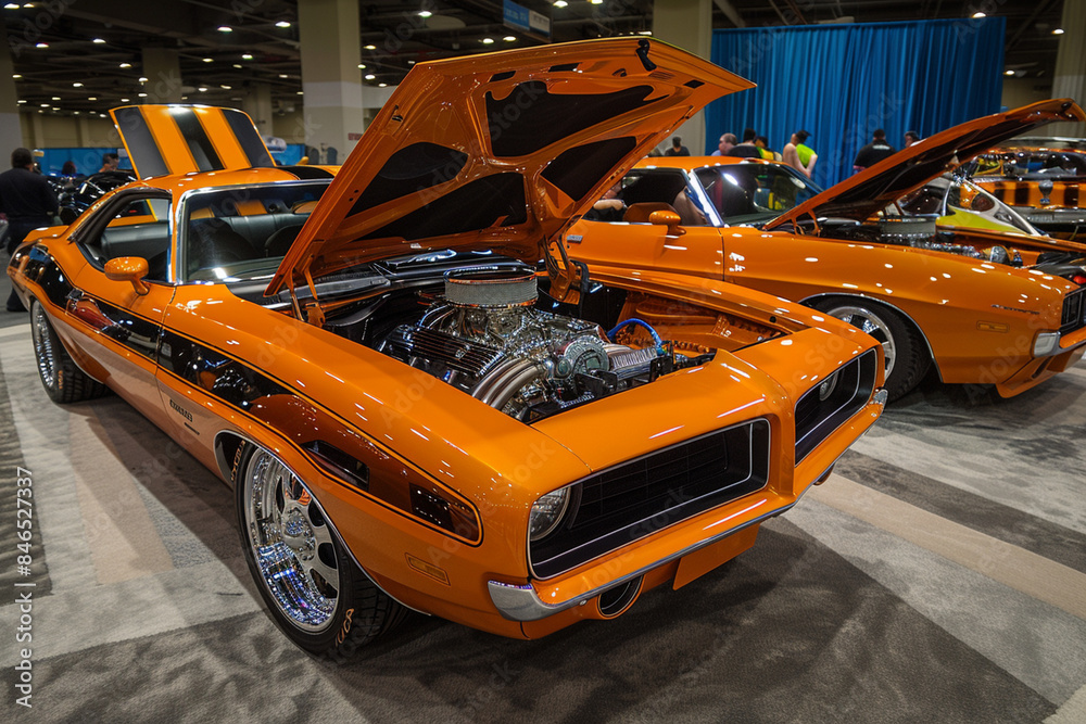 "Vintage Power: Classic 70s Muscle Cars with Open Hoods on Display ...