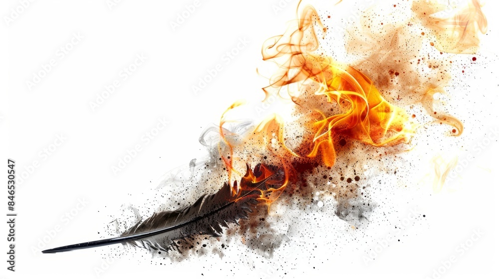 burning old quill and ink isolated on white background. voodoo concept ...