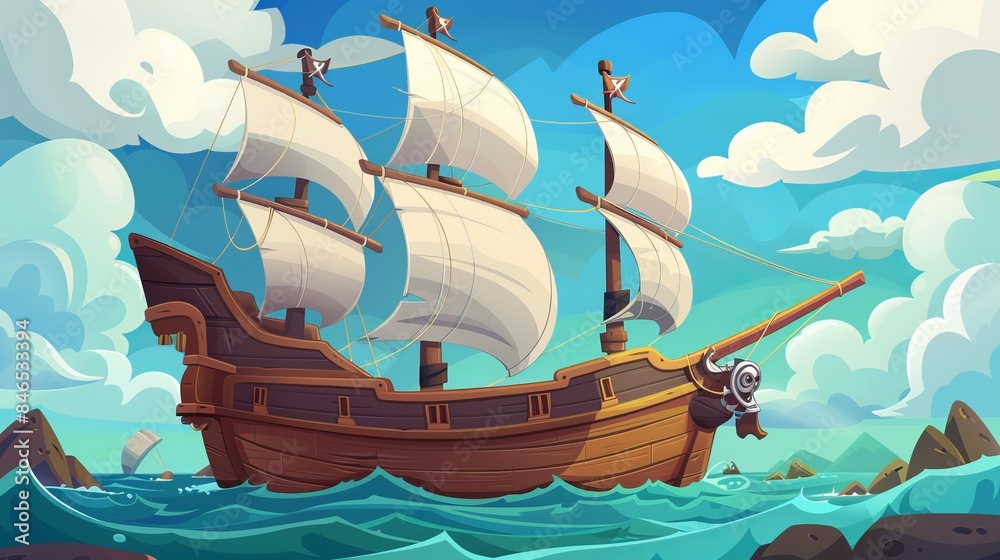 Cartoon illustration of an ancient wooden pirate ship in vector format ...