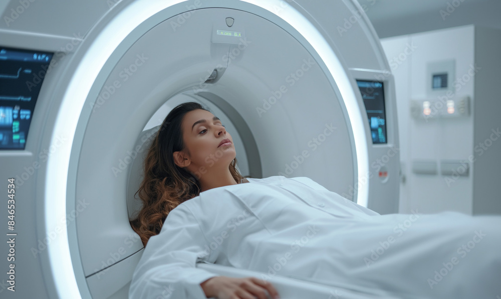 MRI. A woman lies on an MRI machine before having her body examined ...