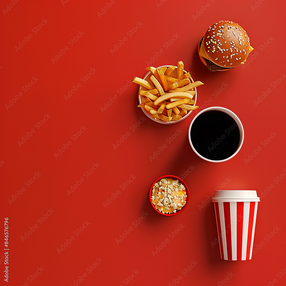 3d rendered photos of flat lay of fast food, empty space for text on ...