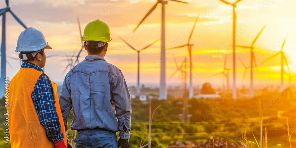 Two engineers wearing safety helmets and high-visibility vests stand ...