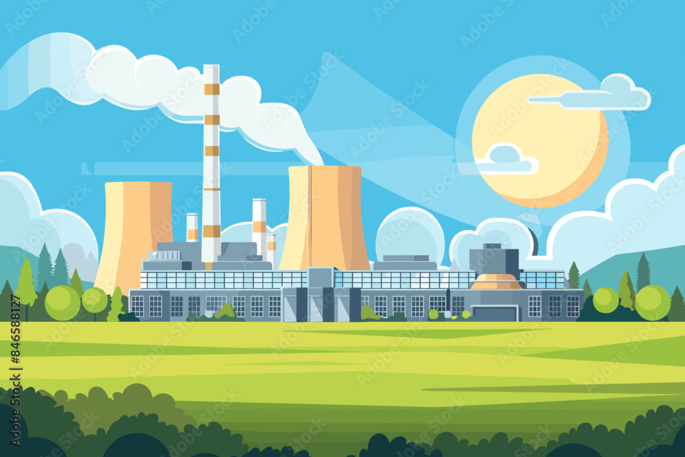 Nuclear power plant flat color vector illustration Industrial facility ...
