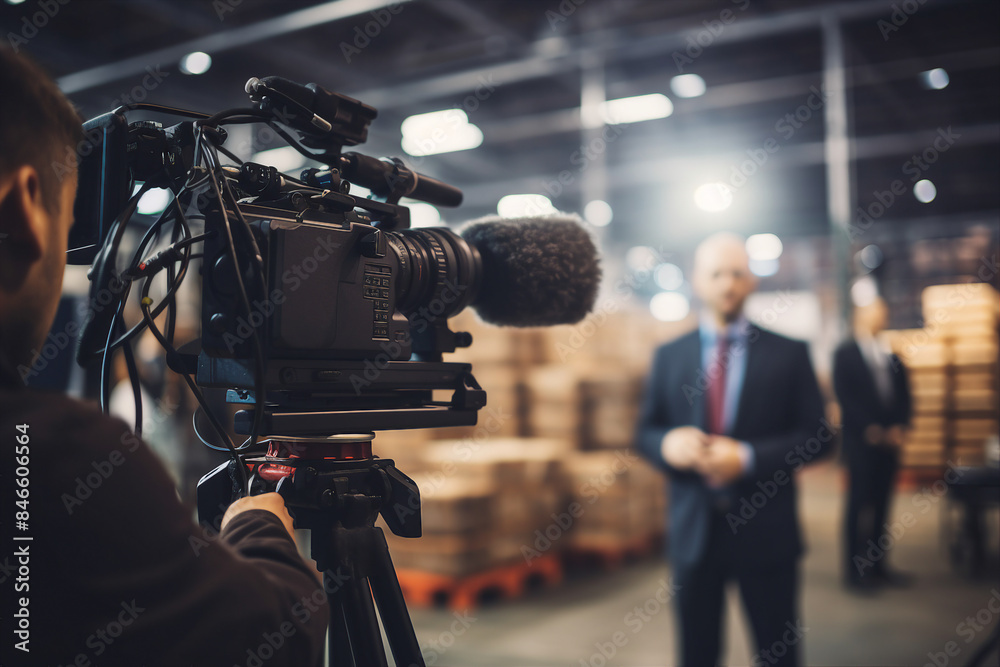 Professional reporter journalist in front of camera making breaking ...