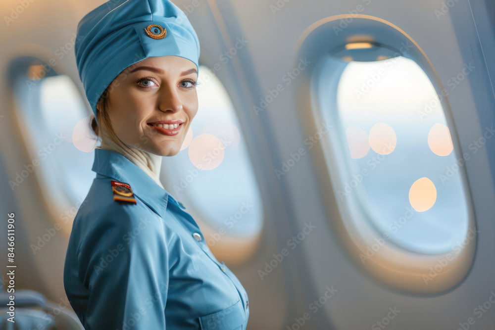 Smiling Flight Attendant in Blue Uniform on Airplane with Window Seats ...
