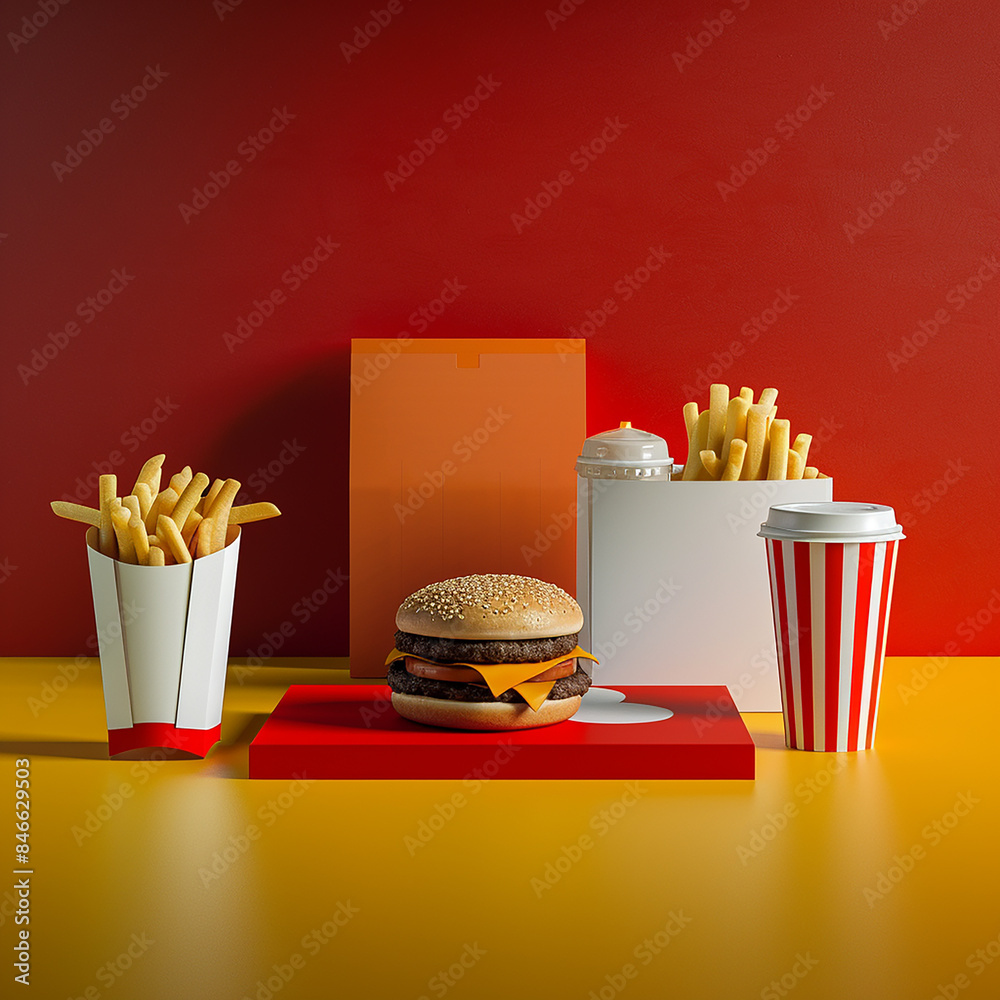 3d rendered photos of flat lay of fast food, empty space for text on ...