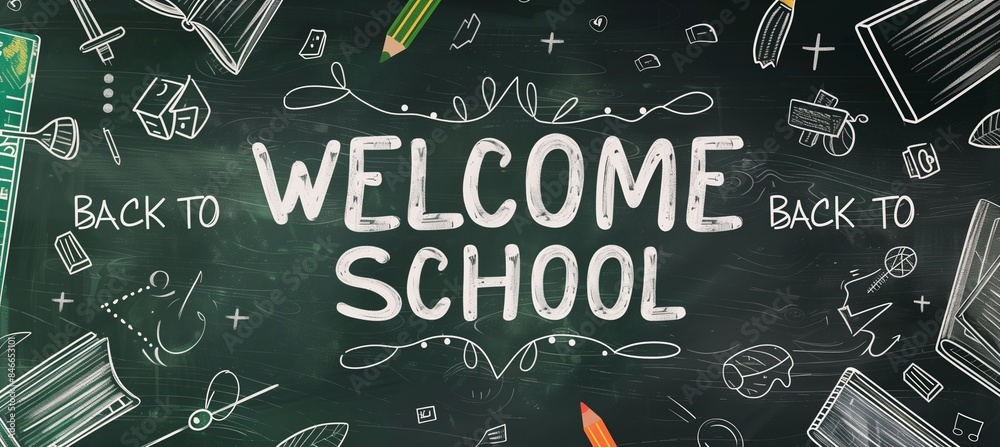 Welcome back message with school icons on a chalkboard, vibrant green ...
