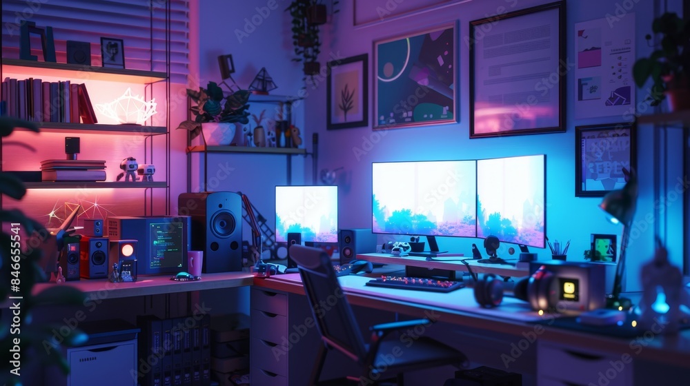 Creative Haven Indie Game Developer's Cozy Workspace with Blank ...