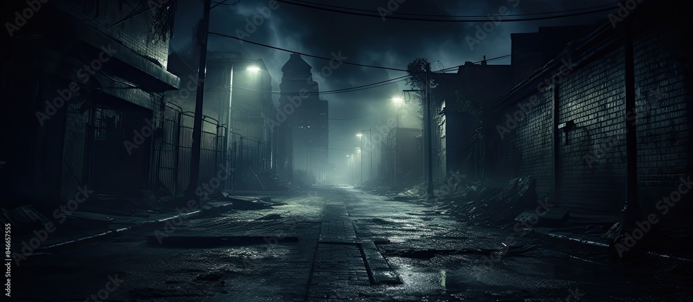 Nighttime scene of a dark, grungy street with a vintage feel and ...