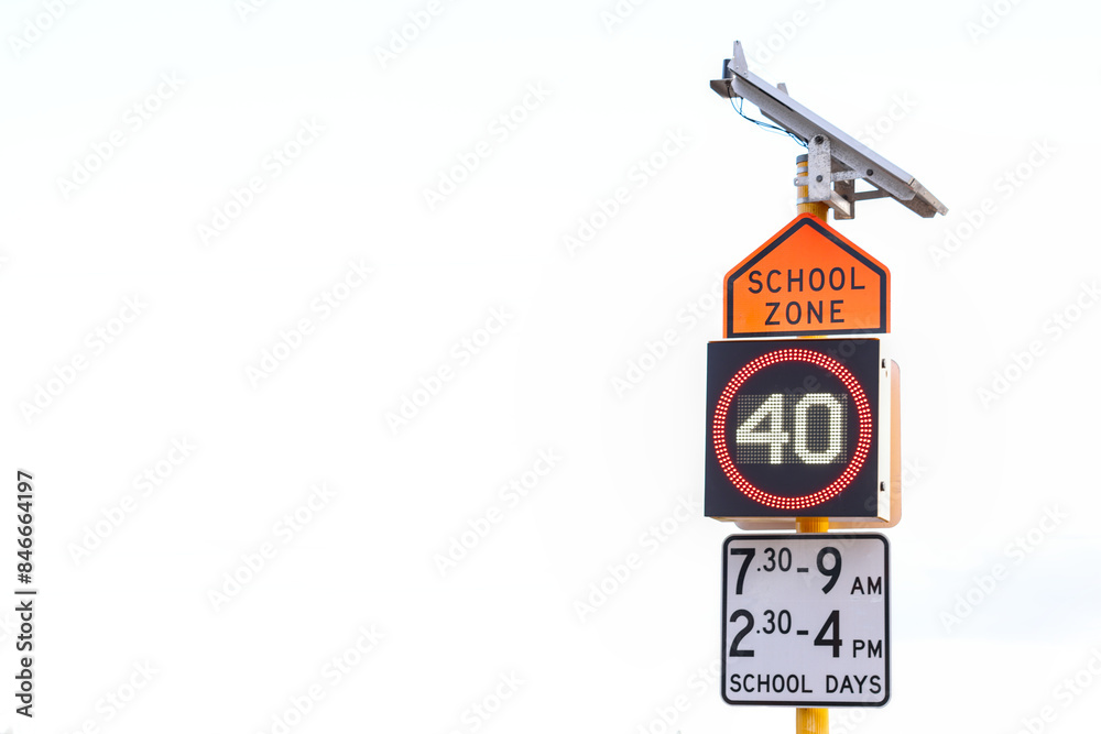 School zone speed limit sign, 40 km/h, isolated against white blown out ...