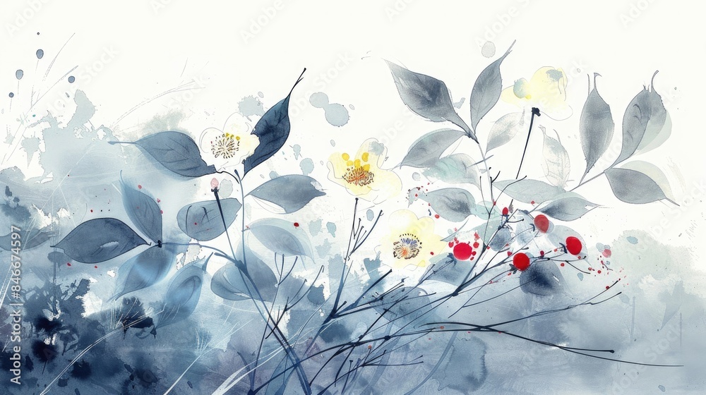 Watercolor and ink depiction of blooming meadow flora with floral and ...