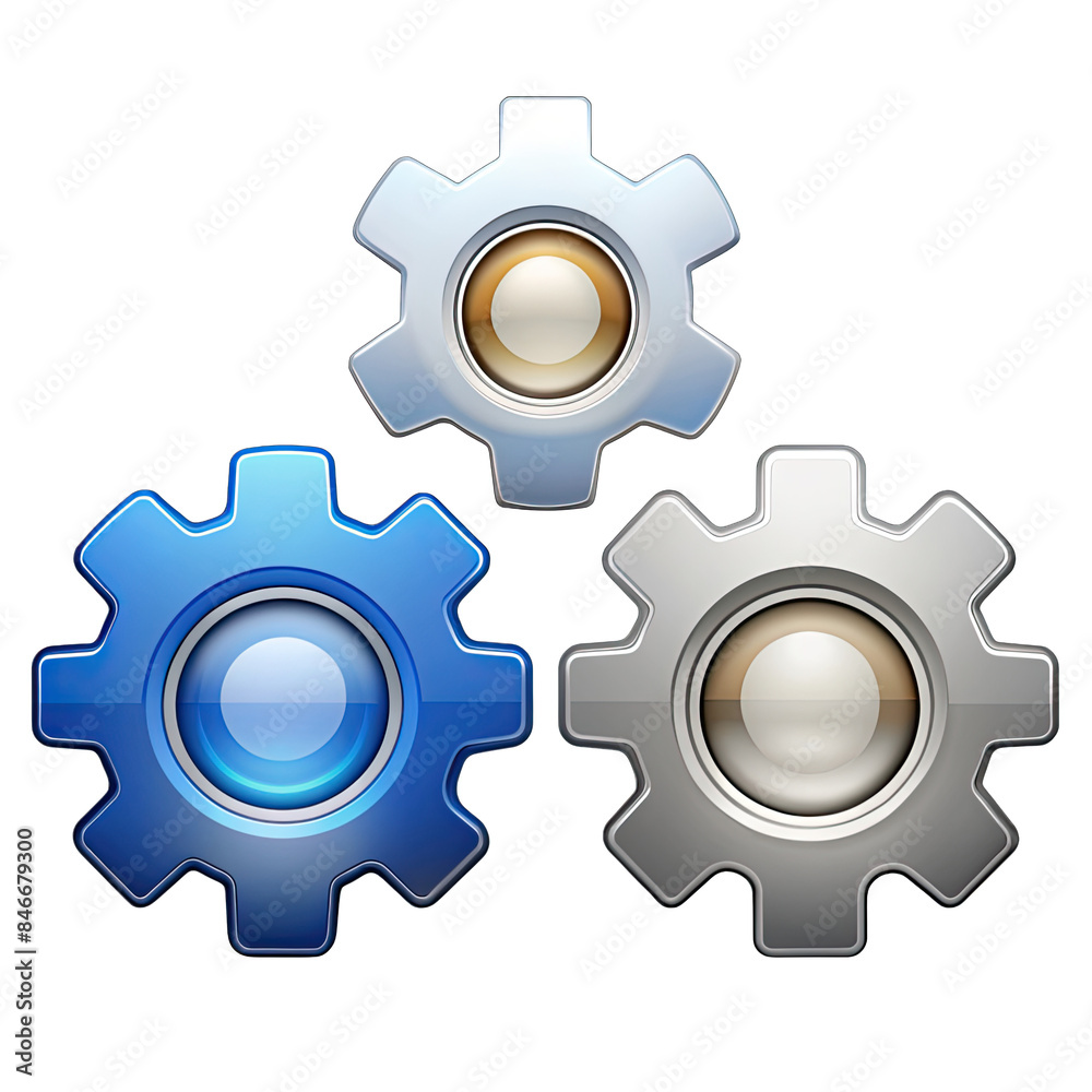 Three metallic cogs in blue, silver, and white stand out against a ...