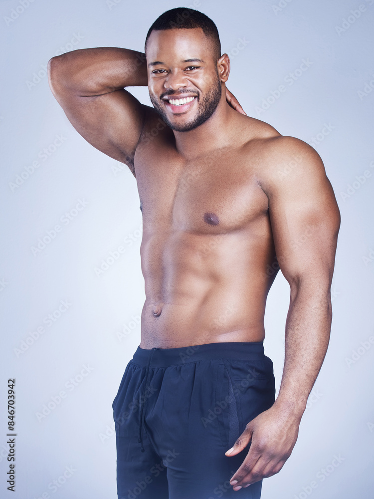 Black man, portrait and shirtless abs in studio, strong stomach and ...