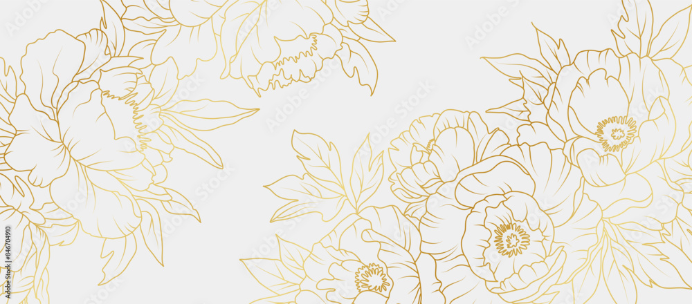 Luxury gold peony flowers background. Floral pattern tropical in line ...