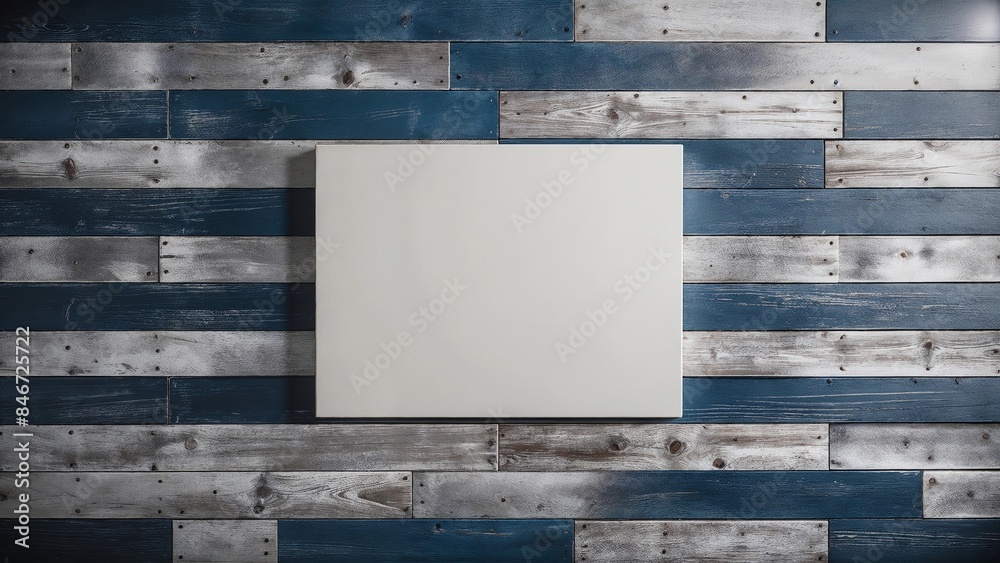 Blank canvas on rustic wood plank background. Midnight blue and silver ...