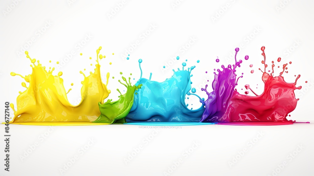 Vivid CMYK Color Paint Splash Explosion on White Background, 3D Render ...