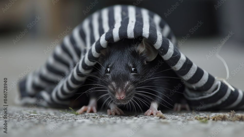Tense moment captured as a black mouse in stripes conceals its face ...