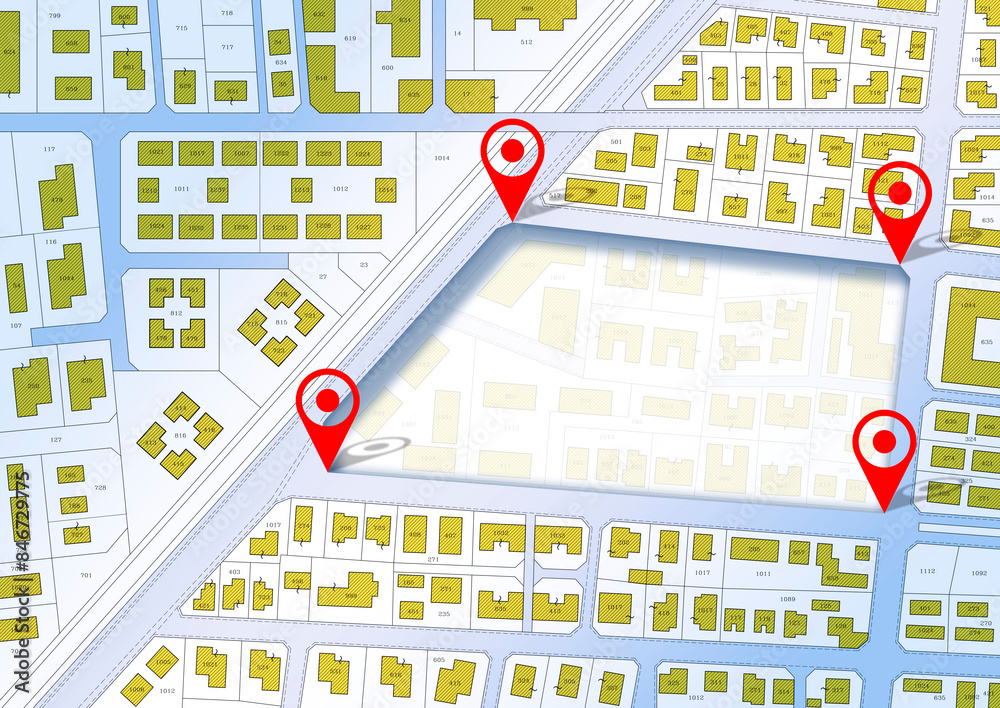 Building Activity with red location pin point against an imaginary ...