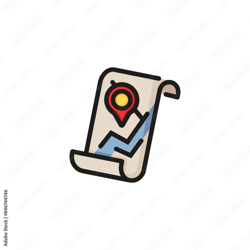 Paper map with pointer line icon. Scroll, marker, pin, guide, itinerary ...